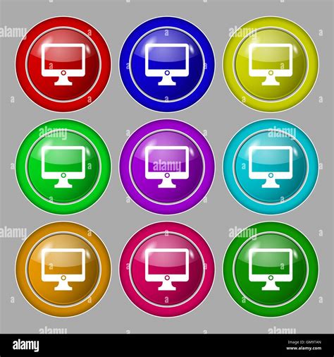 Computer Widescreen Monitor Sign Icon Symbol On Nine Round Colourful Buttons Vector Stock