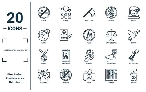 선형 아이콘 세트의 국제 날 얇은 선 지휘봉 지구 메달 화환 연설 평화 보고서 프리젠 테이션 다이어그램 웹 디자인에 대한 폭력 아이콘 없음 포함 개념에 대한 스톡 벡터 아트