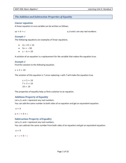 Solving Equations Using Equality Properties Of Addition Worksheets Library