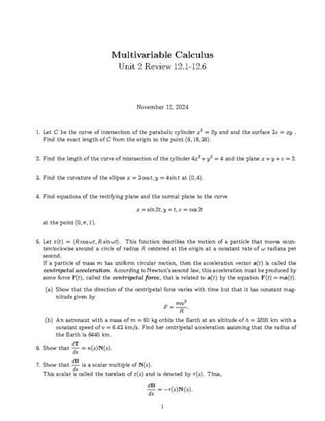 Ch12unit Rev Problems Mv Calc Notes Multivariable Calculus Unit 2