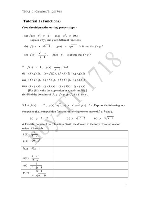 Tma1101 Tutorial 01 Functions Pdf