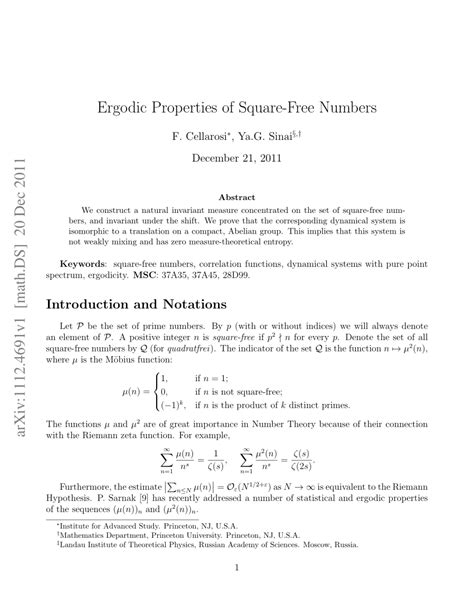 pdf ergodic properties of square free numbers