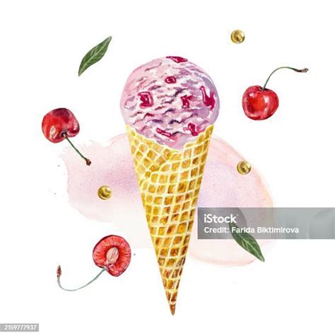 체리 아이스크림 디저트 딸기 나뭇잎 흰색에 고립된 수채화 그림입니다 카드 초대장 식품 및 화장품 라벨 포스터 배너 0명에 대한 스톡 벡터 아트 및 기타 이미지 Istock