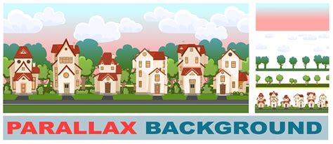 거리 시차 효과를 설정합니다 나무가있는 만화 집 마을 또는 마을 매끄럽게 전통적인 유럽 스타일의 아름답고 아늑한 컨트리 하우스 좋은 재미있는 집 시골 건물 벡터 교외에 대한