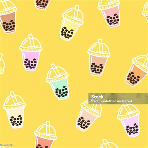빨대와 플라스틱 컵에 거품 차와 벡터 원활한 패턴 타피오카 진주와 함께 인기 있는 음료 버블티에 대한 스톡 벡터 아트 및 기타 이미지 버블티 배경 주제 타피오카 펄