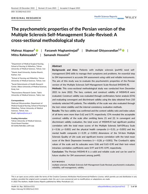Pdf The Psychometric Properties Of The Persian Version Of The Multiple Sclerosis Self