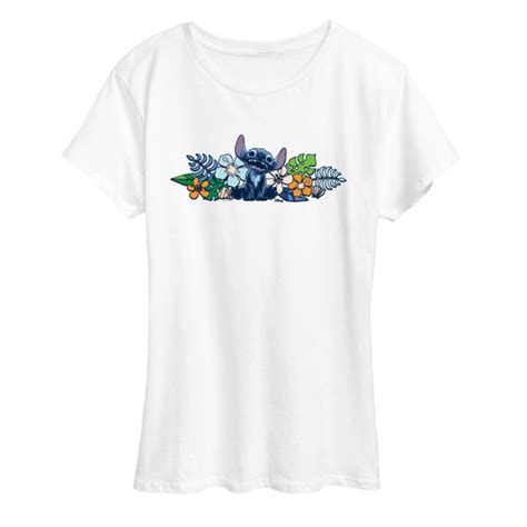 Lilo And Stitch Stitch Flowers Womens Short Sleeve Graphic T Shirt