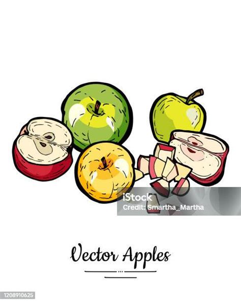 사과 벡터 절연 세트 레드 그린 옐로우 과일 손으로 그린 일러스트 트렌디 한 음식 채식 메뉴 과일 로고 아이콘 0명에 대한 스톡