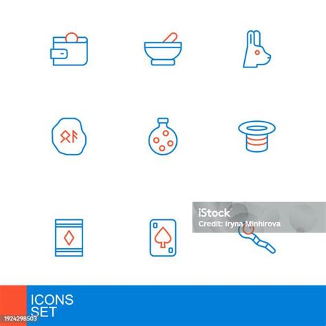 세트 라인 마법 지팡이 카드 놀이 카펫 모자 룬 물약이 담긴 병 토끼 귀 및 마녀 가마솥 아이콘 벡터 고대의에 대한 스톡 벡터 아트 및 기타 이미지 Istock