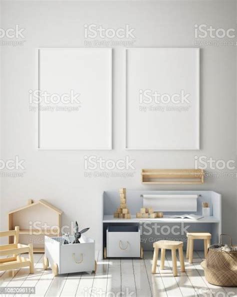 어린이 침실 스칸디나비아 스타일 인테리어 배경 3d 렌더링에 포스터 프레임을 모의 아기방에 대한 스톡 사진 및 기타 이미지