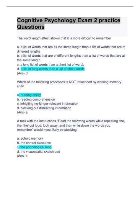 Cognitive Psychology Exam 2 Practice Questions And Answers Latest Updated Cognitive Psychology
