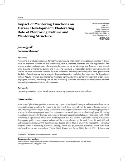 Pdf Impact Of Mentoring Functions On Career Development Moderating Role Of Mentoring Culture