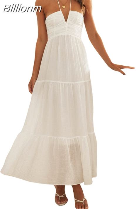 Billionm Long Dress Aesthetic Women Solid Color Tie Up Halter Neck Sleeveless Backless Halter