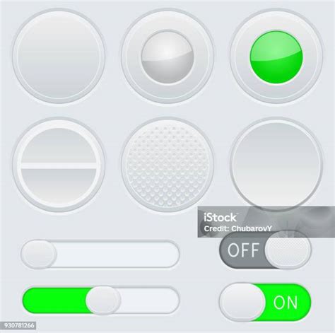 회색과 녹색 인터페이스 요소버튼 슬라이더 토글 스위치 3차원 형태에 대한 스톡 벡터 아트 및 기타 이미지 3차원 형태