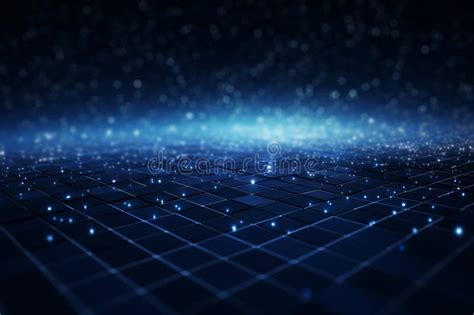 Abstract Technology Network Of Blue Grid And Particles On Dark Background Stock Illustration
