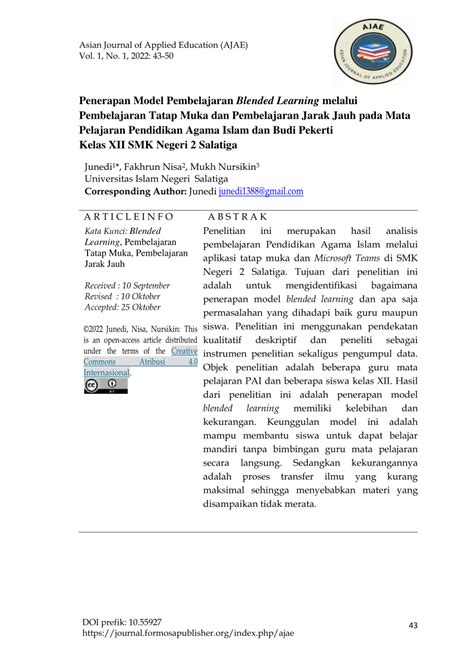 PDF Penerapan Model Pembelajaran Blended Learning Melalui Pembelajaran Tatap Muka Dan