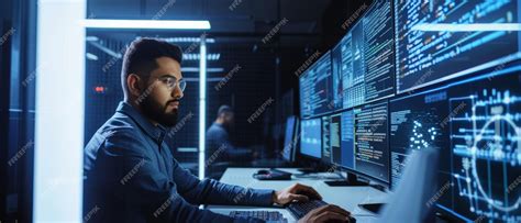 A Cybersecurity Expert Analyzes Data On Multiple Screens Engaged In Protecting Against Hacker