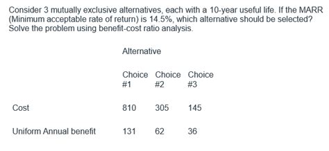 Solved Consider Mutually Exclusive Alternatives Each With Chegg