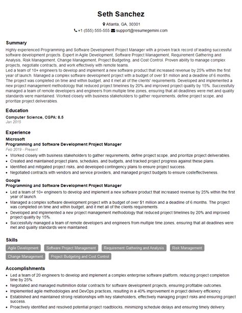 Programming And Software Development Project Manager Resume Template