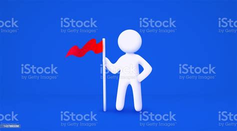 붉은 깃발을 들고 3d 흰색 만화 남자 목표 달성 개념 고립 된 파란색 배경 0명에 대한 스톡 벡터 아트 및 기타 이미지 0명 3차원 형태 가공의 인물 Istock