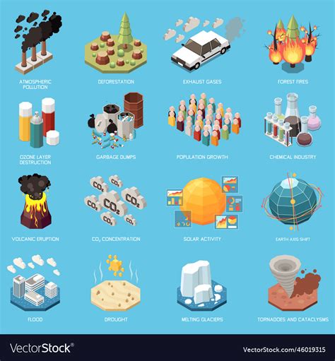 Global Warming Isometric Icons Set Royalty Free Vector Image