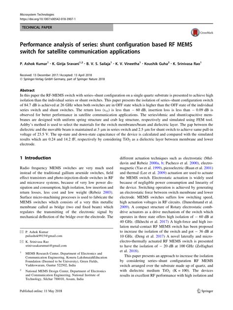 Pdf Performance Analysis Of Series Shunt Configuration Based Rf Mems Switch For Satellite