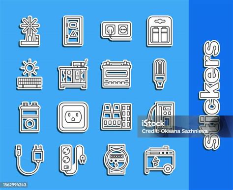 세트 라인 휴대용 전력 발전기 배터리 Led 전구 전기 콘센트 디젤 태양 에너지 패널 및 태양 풍력 터빈 및 자동차 배터리 아이콘 벡터 Led 조명에 대한 스톡 벡터 아트