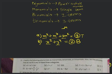 1 2 Classify The Following Polynomials As Monomials Binomials Or Trinom