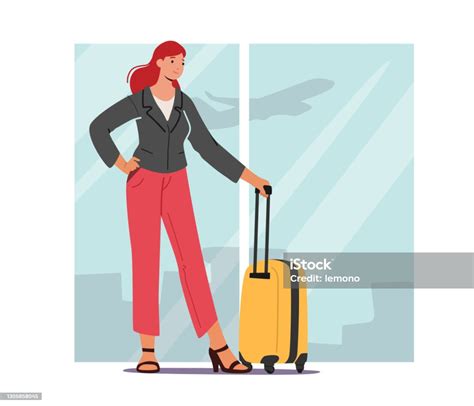 비행기에 수하물 탑승 여성 관광 캐릭터 여자 여행자는 항공기로 이동 제트에 여객기 여행 여행 주제에 대한 스톡 벡터 아트 및 기타 이미지 Istock