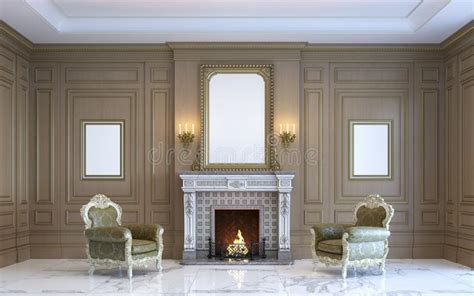 A Classic Interior With Wood Paneling And Fireplace 3d Render Stock