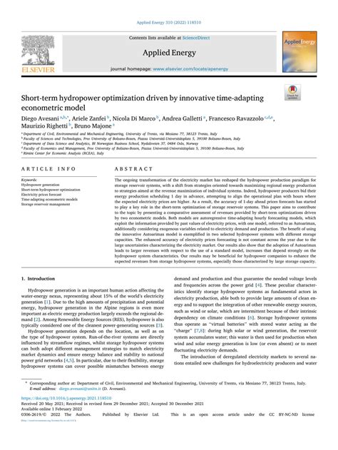 Pdf Short Term Hydropower Optimization Driven By Innovative Time Adapting Econometric Model