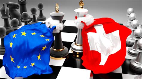 Eu 유럽 스위스 위기 충돌 충돌 과 국가 플래그와 체스 게임에 의해 상징 무역 거래 또는 지배를 목표로 그 두 나라 사이의 논쟁 3d 일러스트 8k Resolution에