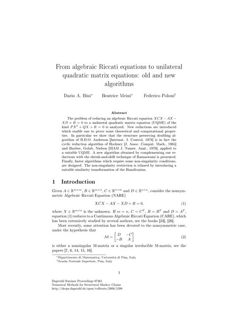 Pdf From Algebraic Riccati Equations To Unilateral Quadratic Matrix Equations Old And New