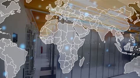 Animation Of Falling Lens Flares And Map Over Data Server Room Stock