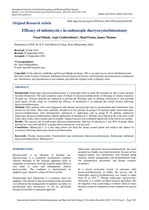 Pdf Efficacy Of Mitomycin C In Endoscopic Dacryocystorhinostomy