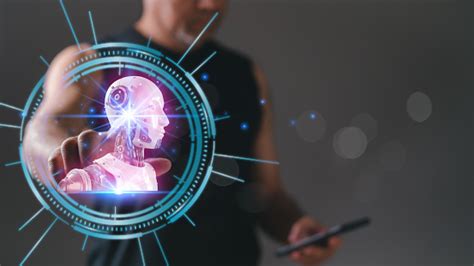 인간이 가상 화면을 터치하고 Ai 기술과 상호 작용하며 인텔리전스와 고급 인터페이스의 미래를 상징합니다 50 54세에 대한 스톡