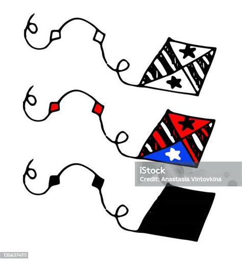 빨간색과 흰색 줄무늬와 별의 벡터 연 디자인 템플릿을 위해 흰색 배경에 흰색 배경에 검은 색으로 분리 된 윤곽과 실루엣을 위한 나선형 로프가있는 다이아몬드 모양의 손으로