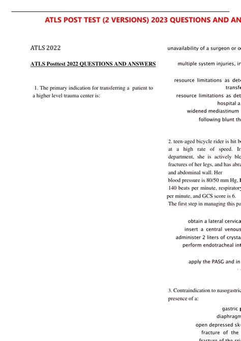 Atls Post Test 2 Versions 2023 Questions And Answers Atls Stuvia Us