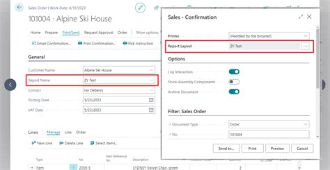 dynamics 365 business central how to specify the report lay