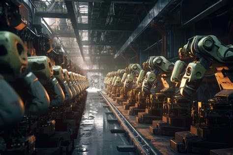 Row Of Robotic Arms Working In Sync On Assembly Line Stock Illustration Illustration Of