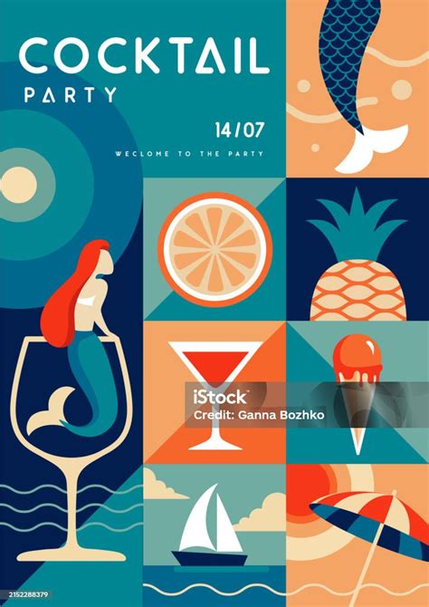 복고풍 평면 여름 디스코 파티 포스터 와 여름 속성 와 칵테일 열대 과일 인어 아이스크림 및 선박 벡터 일러스트 레이 션 칵테일에 대한 스톡 벡터 아트 및 기타 이미지