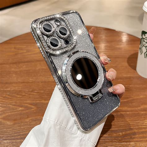 แฟลชเพชรกระจกยืนกรณีโทรศัพท์สําหรับ ไอโฟน 11 12 13 14 15 16 มือโปร สูงสุด 15 16บวกเลนส์กล้อง