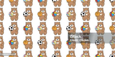 곰 극지 원활한 패턴 스포츠 축구 축구 비치 볼 농구 배구 테디 낙서 만화 벡터 선물 포장지 타일 배경 반복 벽지 스카프 격리