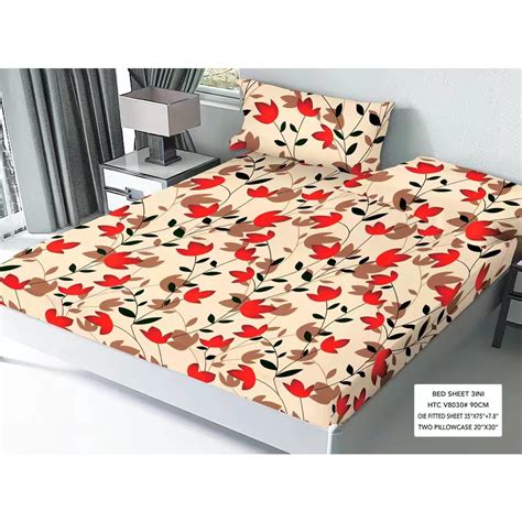 3 In 1 Simple Flower Leaf Red White Bed Set 1 Bedsheet 2 Pillowcases 18 28 Inch Single Queen
