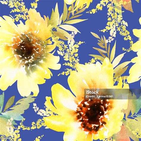 해바라기 완벽 한 패턴입니다 수채화 그림입니다 가 수 제 0명에 대한 스톡 벡터 아트 및 기타 이미지 0명 개성 개념 계절 Istock