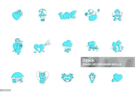 귀여운 하트 캐릭터와 패치 배지 및 스티커 세트발렌타인 사랑과 스티커 그림선형 채우기 스타일 아이콘 벡터 개에 대한 스톡 벡터