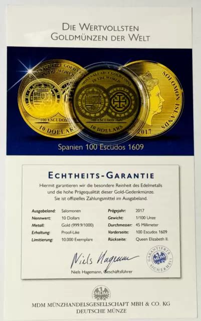 Moneta Moneta Spagna 100 Escudos 1609 Oro Fino 9991000 Oro Fino