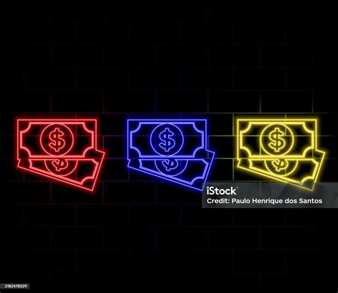 윤곽선 네온 지폐 아이콘 이런 그림 빛나는 네온 현금 기호 생생한 색상의 돈 픽토그램 지폐 실루엣 투자 추상적 인 디지털 화폐 및 통화 벡터 아이콘 세트 Ui 기호 간판에
