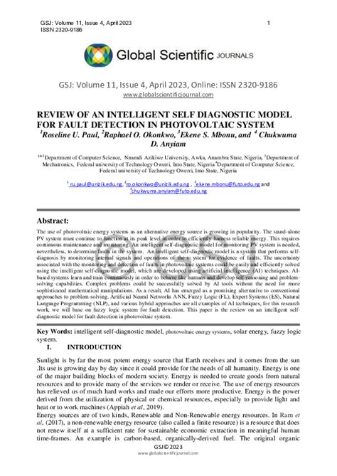 Pdf Review Of An Intelligent Self Diagnostic Model For Fault Detection In Photovoltaic System