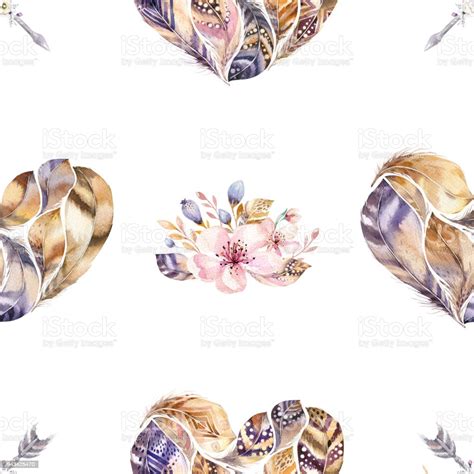 Boho 깃털과 야생의 꽃 잎 가지 꽃 일러스트 레이 션 사랑 및 깃털 보헤미안 장식 봄 꽃의 완벽 한 수채화 패턴 0명에 대한 스톡 벡터 아트 및 기타 이미지 Istock